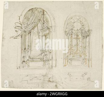 Tomb monument and altar. Sketches of front views and floor plans of a ...