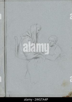 A woman dressed in a draped garment opens a parasol and turns around ...