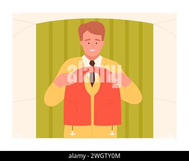 Flight attendant with safety life jacket. Cabin crew safety ...