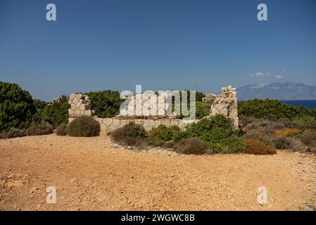 Ancient ruins on Skinari cape in sunny summer day. Zakynthos island ...