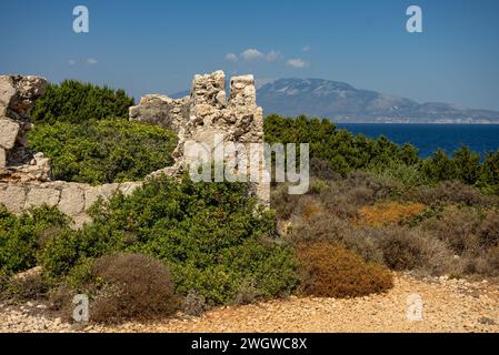 Ancient ruins on Skinari cape in sunny summer day. Zakynthos island ...