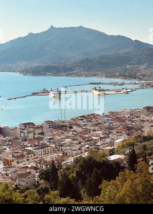 Harbor port of Zakynthos town seen from bochali view point, Greece ...