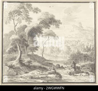 Idyllic hilly landscape with women to a stream Stock Photo - Alamy
