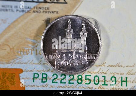 An Islamic pound coin of pure precious silver metal features Kaaba and ...