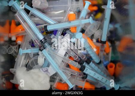 Cairo, Egypt, February 1 2024: medical waste of sharp needles, syringes ...