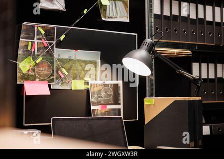 Detective office interior with workplace and investigation board Stock ...