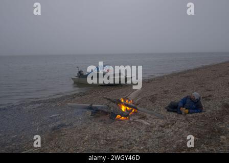 Bruce Inglangasak fish camp smoking broad whitefish Coregonus nasus at ...