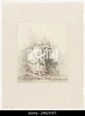 Sitting woman with a basket, pointing with her right hand, Sitting ...