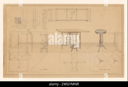 Design for a folding table with side view and floor plans under both ...