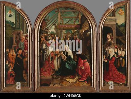 Triptych with Adoration of the Magi (center and inner wings), Saint Antony Abbot (left, outer ...