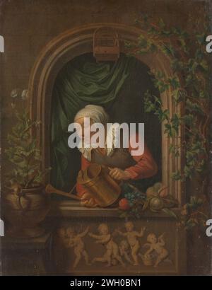 Woman and child water balcony plant. Herb garden on patio. Young mother ...