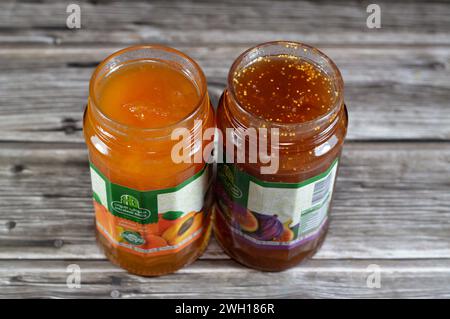 Cairo, Egypt, February 4 2024: Halwani Bros apricot jam Haalwani bottle ...