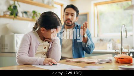 Angry dad with crying child, homework and scolding in kitchen, helping ...