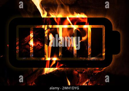Battery fire, illustration of Li-Ion battery in front of burning ...