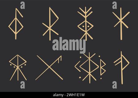 Set golden nordic celtic runes borders, norse protection symbols line ...
