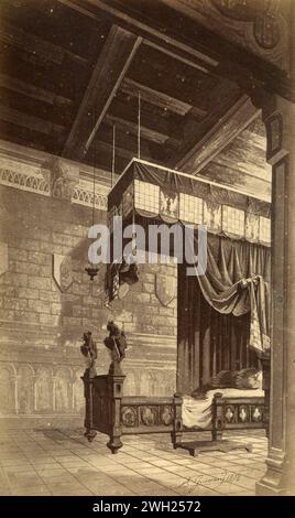 Romanesque XI century style four poster bed, drawing by French artist ...