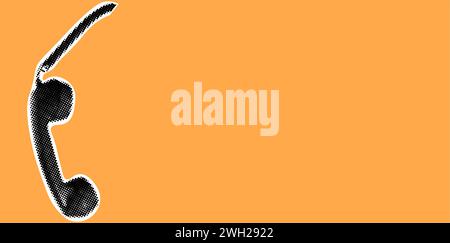 Halftone black hanging telephone receiver on a orange background ...