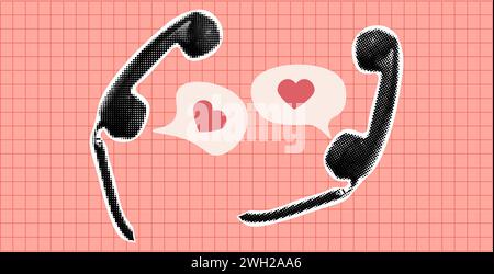 Halftone black telephone receivers on cable.Trendy collage, retro ...