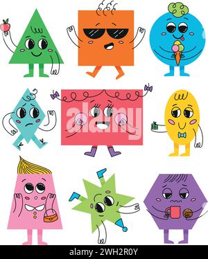 Abstract shapes characters. Geometric mascot faces with funny emotions ...
