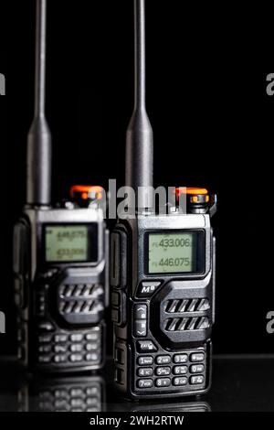 Set of safety equipment and radio transmitters on white background Stock Photo - Alamy