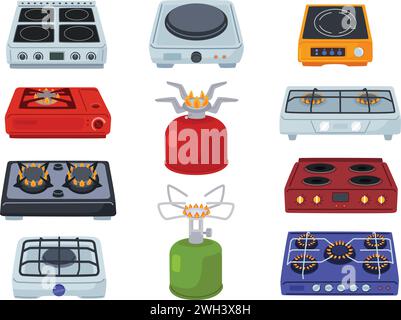 Cartoon stoves. Kitchen electric hob, camping stove gas burner and ...