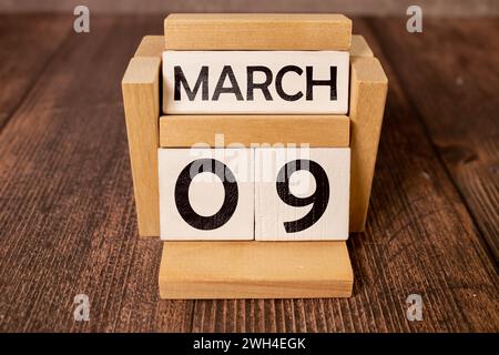 Wood blocks in box with date, day and month 29 March. Wooden blocks ...