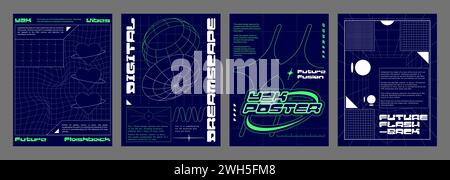Retro futuristic vibe flyer templates set. Vector illustration of y2k ...