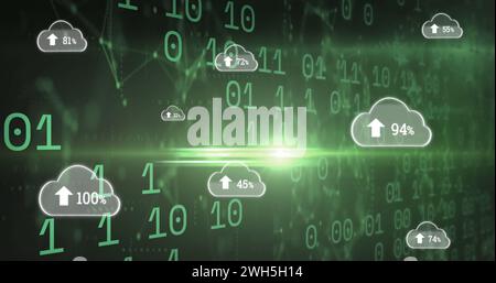 Image of clouds with uploading over binary code on green background ...