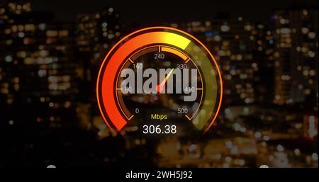 Image of orange speedometer over night cityscape Stock Photo - Alamy