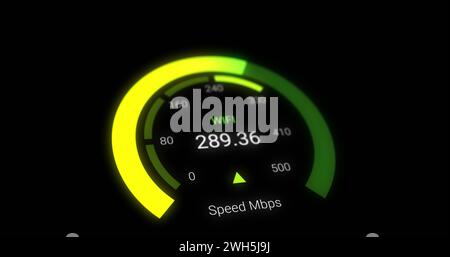 Image of yellow speedometer over black background Stock Photo - Alamy