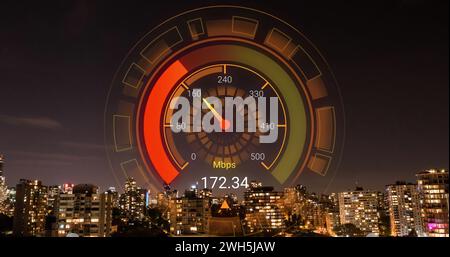 Image of orange speedometer over night cityscape Stock Photo - Alamy