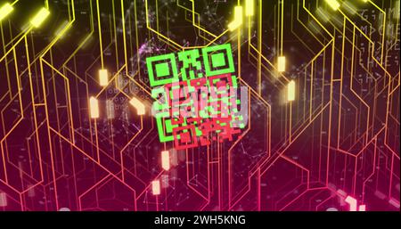 Image of qr code and network of connections over server room. Global ...
