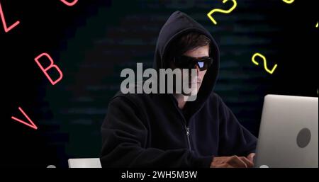 Image of letters and numbers over caucasian schoolboy reading braille ...
