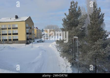 Snowy fir trees, houses, alley and lanterns. Snowing. Dust. Winter ...