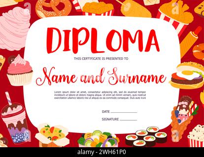 Diploma template. Fast food, desserts and drinks vector certificate or ...