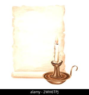 Sheet of parchment handwritten paper, burning candle in candlestick ...