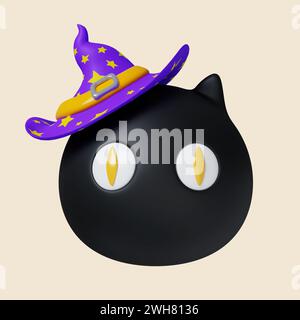 3d render. Cartoon gray kitten in a witch hat and with pumpkins. Autumn ...