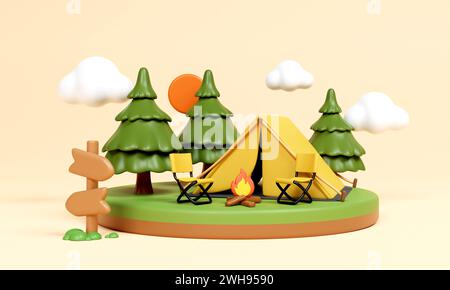 3d Campsite in nature and elements for camping, summer camp, camp fire ...
