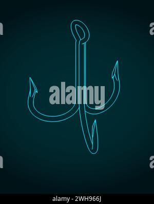 Stylized vector illustrations of blueprints of a treble fishing hook ...