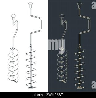 Stylized vector illustration of blueprints of a fishing lure on two ...