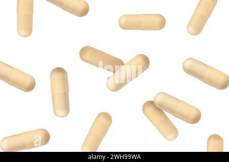 Vitamin. Many capsules falling on white background Stock Photo - Alamy