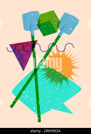 Risograph Spade, Shovel with speech bubble with geometric shapes ...