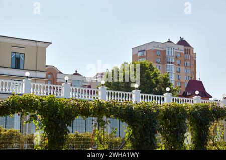 Fragment of the terrace with columns, lamps and railings. White stone ...