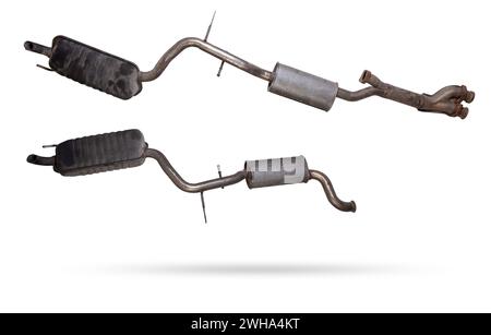 Car double exhaust system on a white isolated background with a muffler ...
