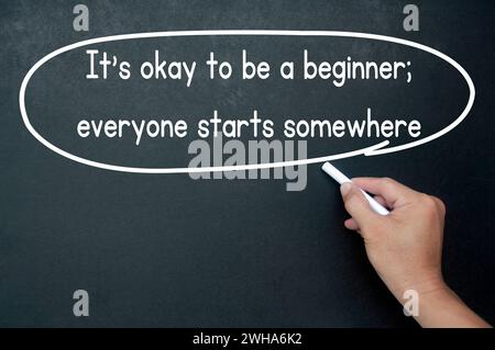 Hand writing It is okay to be a beginner affirmation on black board ...