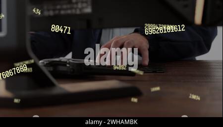 Image of floating numbers over caucasian woman working in a server room ...