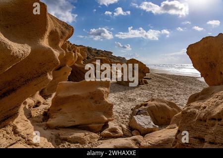 Abstract shaped sandstone formed by wind and water Photographed at Beit Yanai Beach, Israel ...