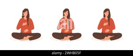 Diaphragmatic breathing. abdominal, belly or deep breathing. side view ...