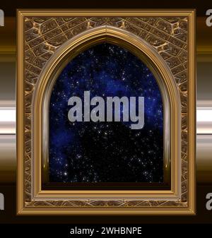 gothic or science fiction window looking into space or starry night sky ...