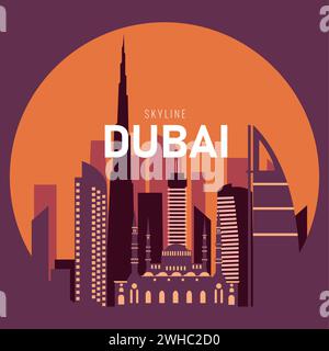 Abstract Dubai UAE city skyline silhouette with color skyscrapers ...